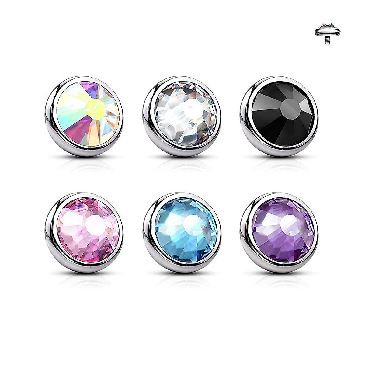 Pierced Owl 14GA G23 Implant Grade Titanium Bezel Set CZ Crystal Internally Threaded Dermal Anchor Top (Aurora Borealis)