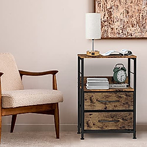 YBING Nightstand Bedroom End Table with 2 Drawers and Open Shelf Wood Industrial Bedside Table with Fabric Storage for Bedroom Living Room Sturdy Dorm Brown