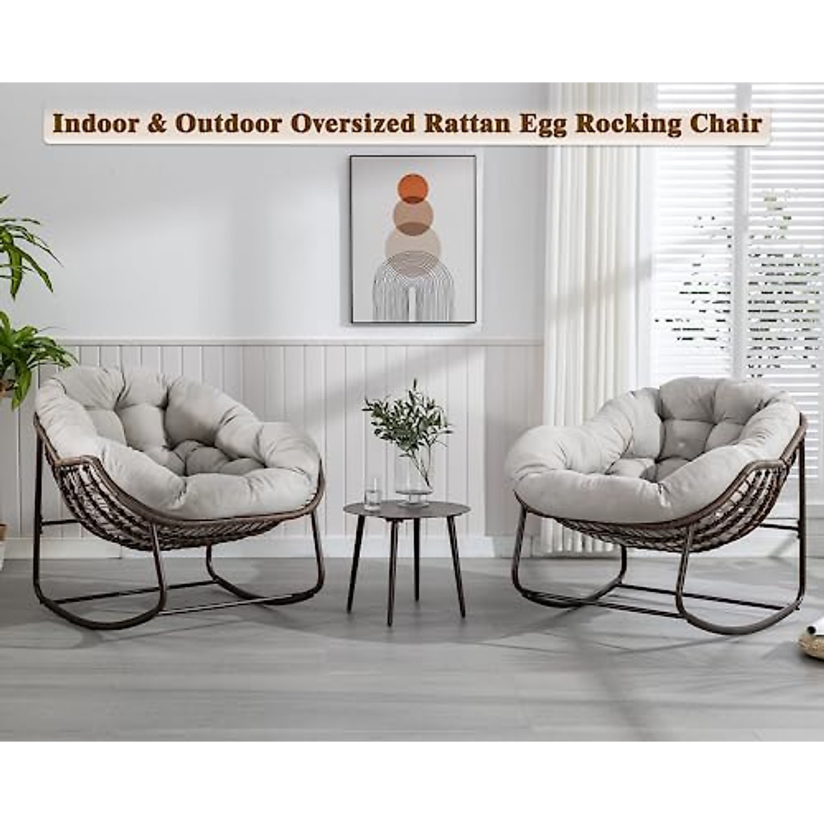Lin-Utrend Outdoor Patio Rocking Chair,Oversized Egg Rocking Chair,Comfy Wicker Rocker Recliner Chair,Modern Lounge Chair for Living Room Patio,Balcony,Front Porch,Garden(Beige)