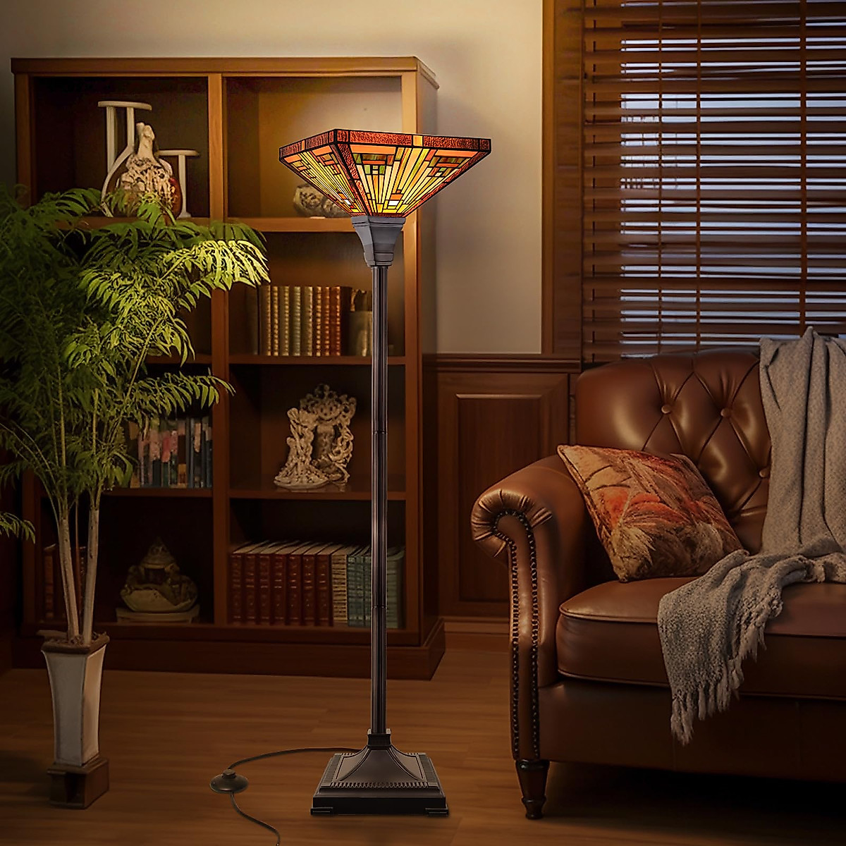 Capulina Tiffany Torchiere Floor Lamp 70" Tall Industrial Blackish Bronze Pole Amber Brown Style Stained Glass Torch Standing Light Decor for Living Room Bedroom Office