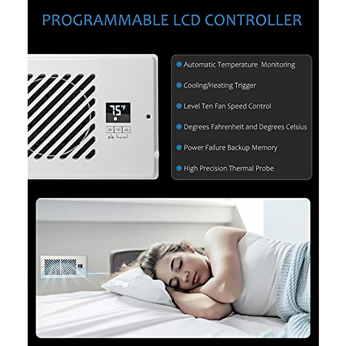 Abida 4" x 10" Register Booster Fan with Thermostat Control, Quiet Smart Register Vent with 10 Gear Wind Speed, Aluminum Frame Heating Cooling AC Vent, White