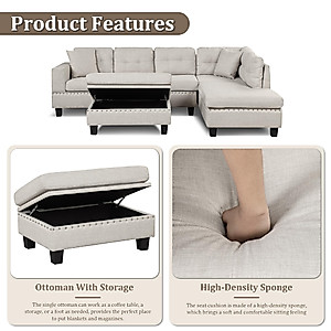 Yoglad Living Room Furniture Set, Sectional 5-Seater Sofa with Reversible Chaise, Corner Sofa Set with Ottoman, L Shaped Couch for Apartment, Living Room (104.5 Inch Linen, Light Gray)