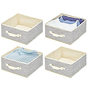 mDesign Soft Fabric Closet Organizer Box with Front Pull Handle for Shelves in Bedroom, Bathroom, Home Office - Holds Clothing, Linens, Accessories, Lido Collection, 4 Pack, Natural/Cobalt Blue Stripe