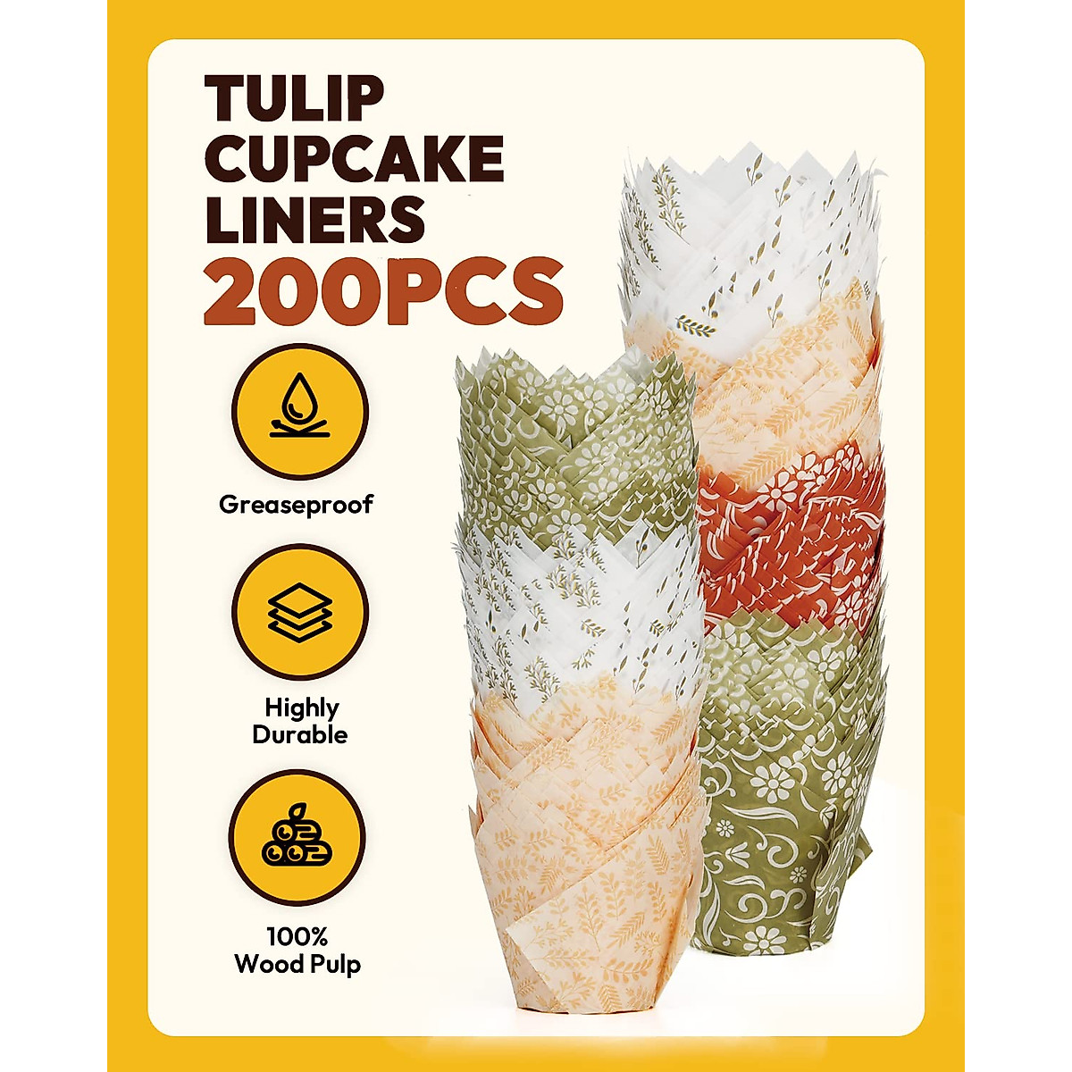 Katbite Tulip Cupcake Liners 200PCS, Muffin Baking Cupcake Liners Holders with French Style Leaves Design, Baking Cups, Cupcake Wrapper for Party, Wedding, Birthday, Christmas Cupcake Liners