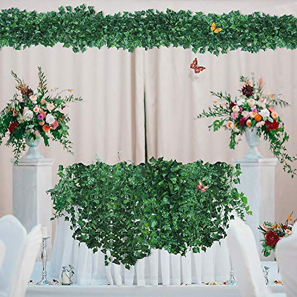 GPARK 84ft 12 Pack / 82 inch, Artificial Ivy Garland Fake Leaf Plants Vine, Hanging Leaves Garlands for Wedding Party Garden Kitchen Outdoor Greenery Wall Decor Green