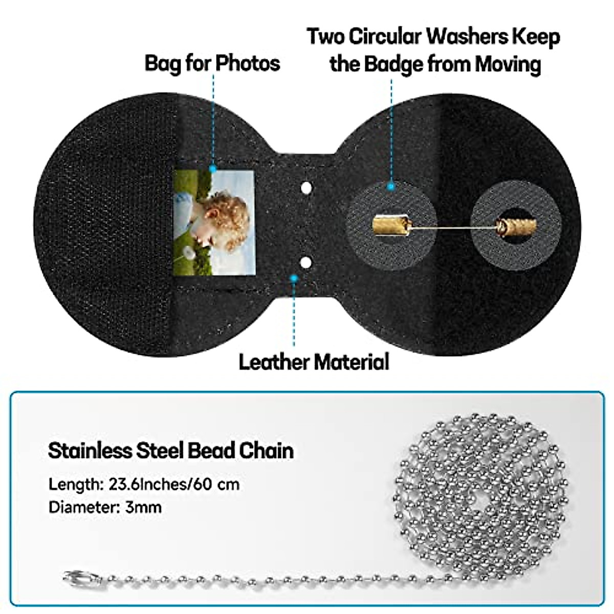 Police Badge Holder, Cowhide Law Enforcement Badge Holder, Universal Badge Holders Belt Clip with Stationary Metal Clip and Chain for Officer Gifts,Black,Circular