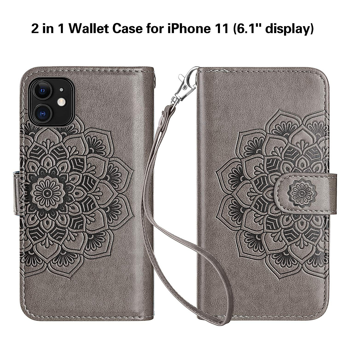 Vofolen 2-in-1 Case for iPhone 11 Case Wallet Credit Card Holder ID Slot Detachable Hybrid Protective Slim Hard Shell Magnetic PU Leather Folio Pocket Flip Cover for iPhone 11 6.1 inch Mandala Grey