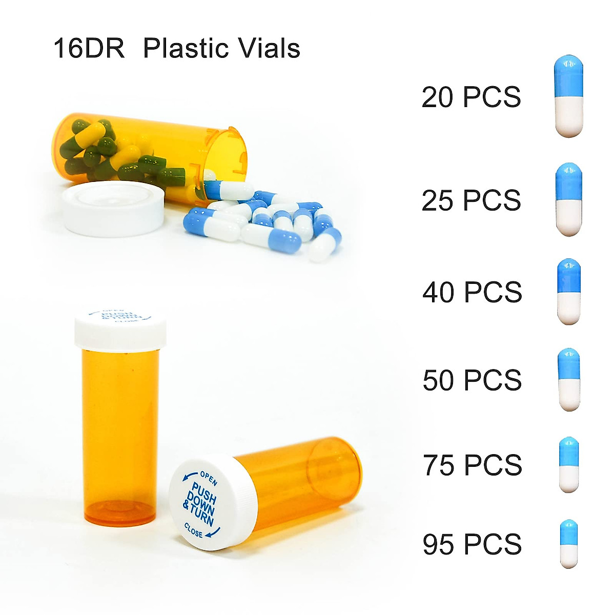 Pill Bottles with Child Resistant Cap, Prescription Vials - Push Down and Turn - Empty Medicine Plastic Containers Safety Cover for Personal Medication & Pharmacy (16dram, Amber, 12pcs)