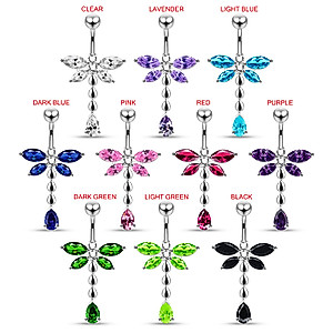 Clear CZ Crystal Stone Dragonfly with Multi Teardrop Dangling 925 Sterling Silver Belly Ring Body Jewelry