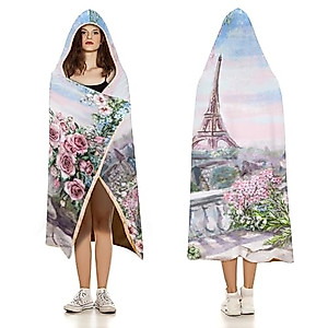 TaoYTao 40"x50" Women Summer Paris Oil Painting Blanket Hoodie, Foldable Wearable Funny Hooded Blanket Robe Cloak, Christmas Birthday Gifts Anniversary For Wife Girlfriend Women