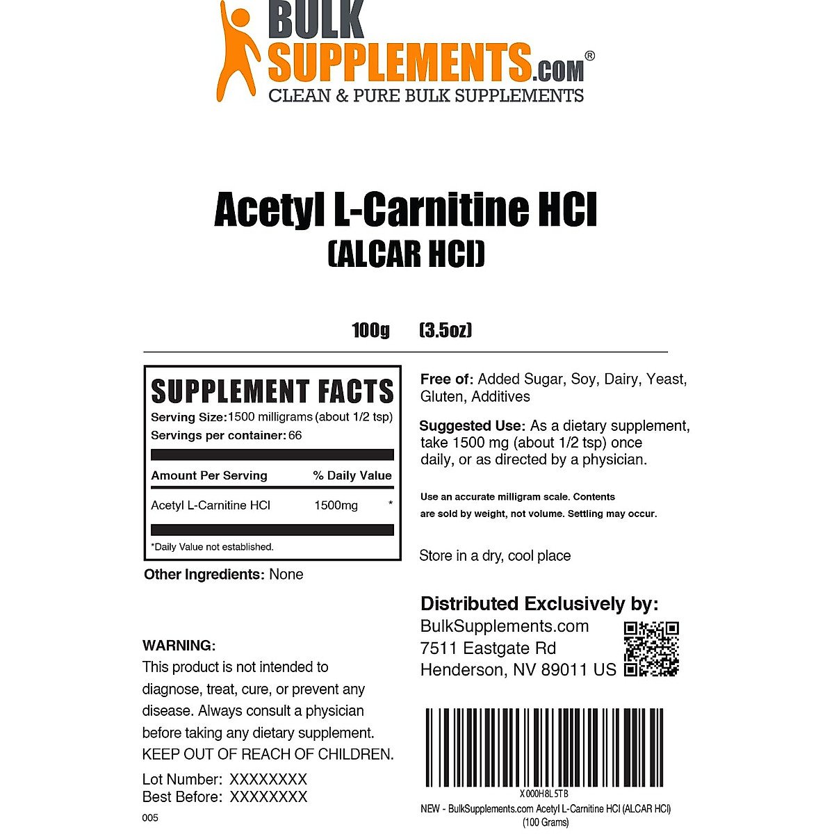 BulkSupplements.com Acetyl L-Carnitine Powder - ALCAR Powder, Acetyl L-Carnitine 1500mg, Carnitine Supplement - Gluten Free, 1500mg per Serving, 100g (3.5 oz) (Pack of 1)