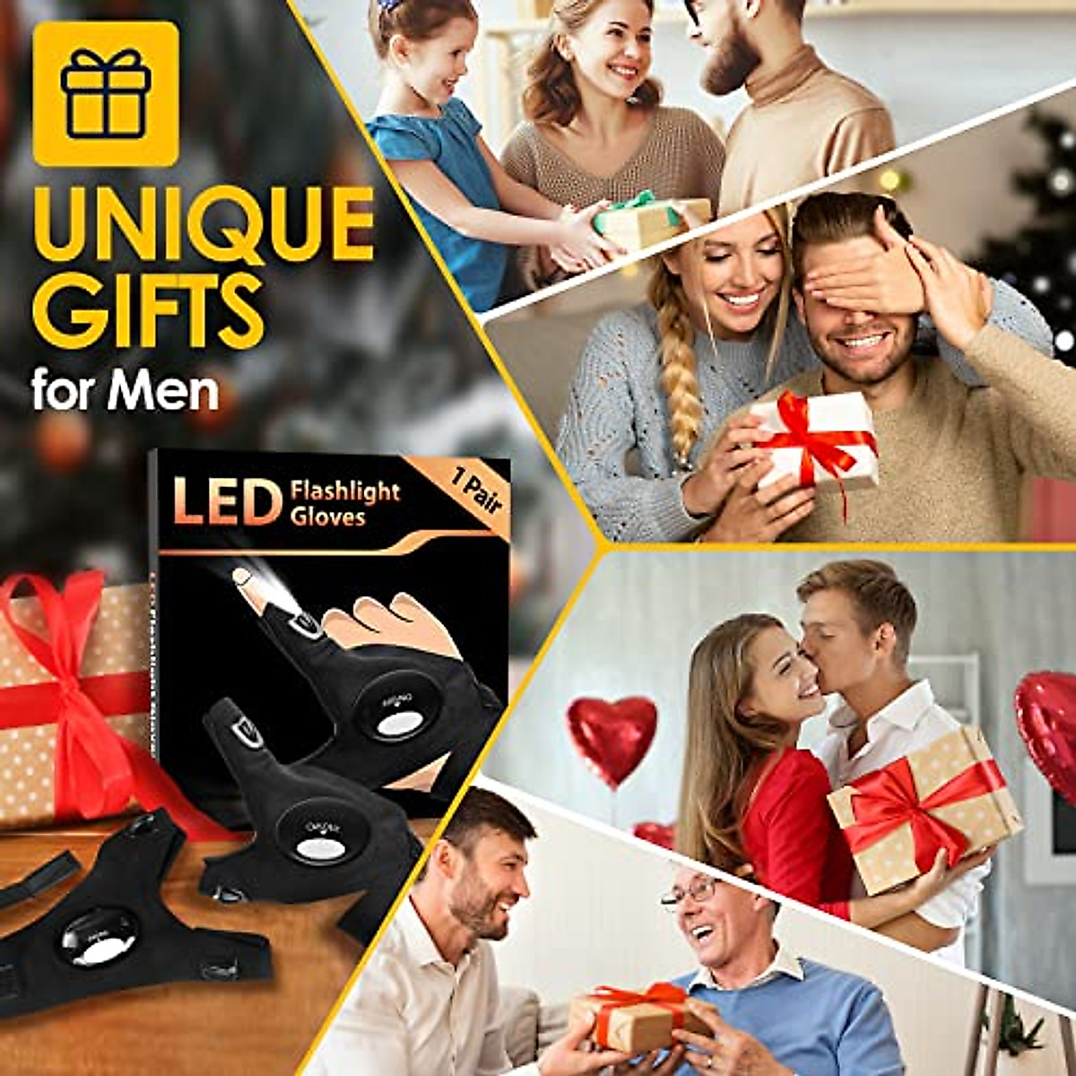 HANPURE LED Flashlight Gloves Gifts for Men, Stocking Stuffers for Men Christmas Birthday Gift Idea for Dad Husband Boyfriend Him, Lighted Gloves with Lights for Repairing Fishing Camping Cool Gadget