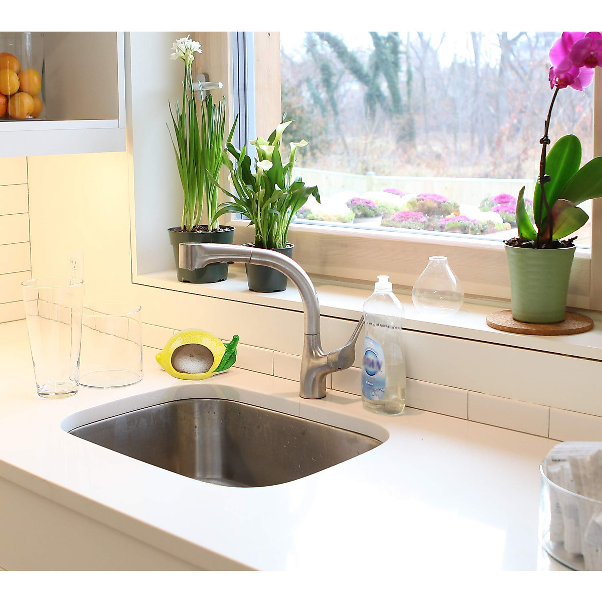 Farmhouse Decor Kitchen Sink Scrubby Holder Ceramic - With Nylon Dish Scrubber (Lemon)