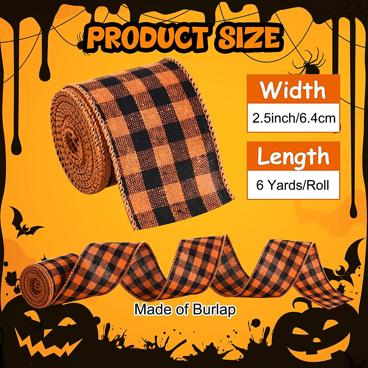 TONIFUL 2.5 Inch Orange Black Buffalo Plaid Burlap Ribbon Wired Edge Ribbon Thanksgiving Fall Halloween Christmas Wired Ribbon for Crafts Gift Tree Topper Wreath Bows Outdoor Indoor Decorations 6yds