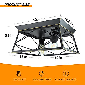 DLLT Farmhouse Flush Mount Ceiling Light Fixture, 2-Light Metal Square Close to Ceiling Light, Industrial Semi Flush Mount Ceiling Lamp for Bedroom Kitchen Hallway Porch Living Room, E26