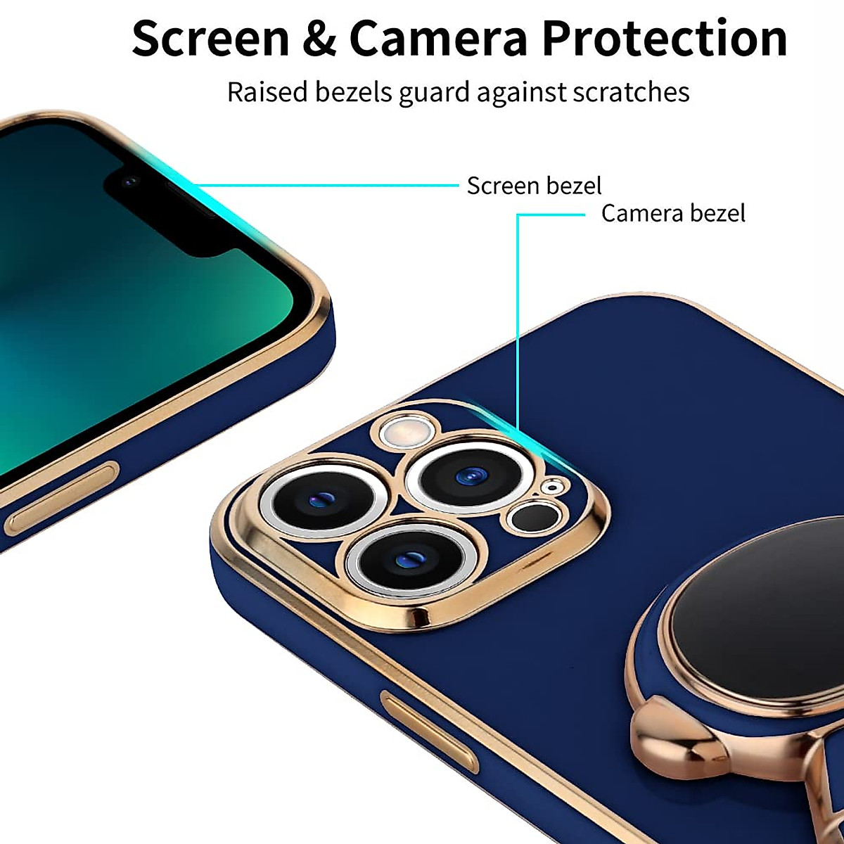 AIGOMARA 6D Plating Astronaut Hidden Stand Case Cover for iPhone 13 Pro Max Women Astronaut Folding Bracket Kickstand iPhone Case with Camera Protector Soft TPU Shockproof Bumper 6.7 in - Navy Blue