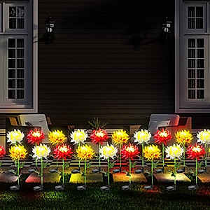 12 Pcs Solar Flower Lights Waterproof Garden Outdoor Chrysanthemum Lights Led Decorative Flowers Stake Light for Home Backyard Pathway Patio Yard Walkway Porch Fences Decorations, Yellow Red White
