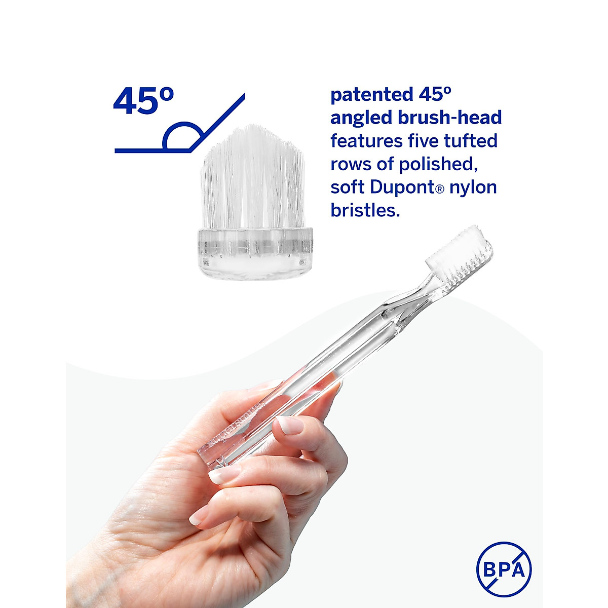 Supersmile New Generation Toothbrush w/ Patented 45° Soft Nylon Bristles - Whitening Tooth Brush w/ Ergonomic Handle Guarantees ADA Recommended Brushing Angle for Adults & Children (Clear)