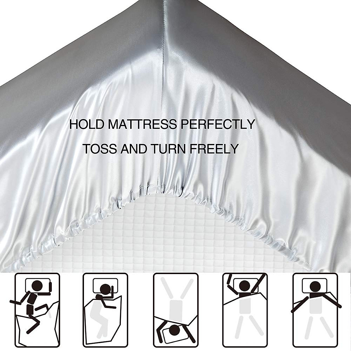 Satin Bed Sheets Queen Sheet Set, Silver Grey Silk Sheets, 4 - Pieces Soft Bedding Set with 1 Deep Pocket Fitted Sheet,1 Flat Sheet,2 Pillowcase