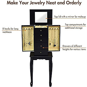 HOMGX (Black, Jewelry Cabinet with Mirror, Armoire Box Storage Chest, Stand Organizer with 5 Drawers & 8 Necklace Hooks