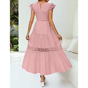 ZESICA Women's Casual Crew Neck Flutter Sleeve Smocked High Waist Hollow Out Lace Trim Tiered A Line Midi Dress,DarkPink,Small