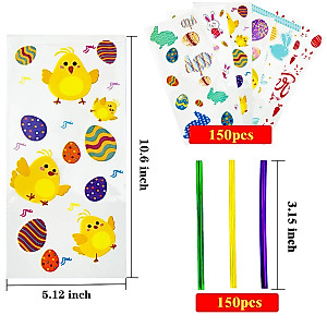 FuraHa 150 pcs Easter Cello Bags, Easter Cellophane Treat Bags with Ties for Candy Cookie Goodies Easter Party Supplies, 6 Assorted Styles
