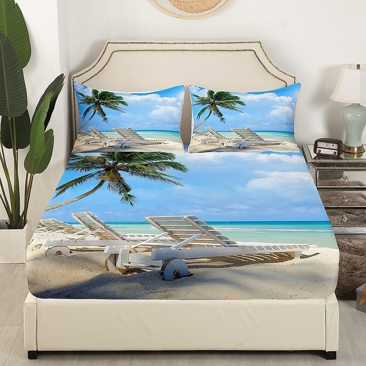 Erosebridal Hawaii Beach Bed Sheets Set Full Size, Tropical Sheets, Ocean Beach Decor Sheets, Palm Tree Flat Fitted Sheet, Summer Holiday Style Sheet Set, Coastal Bedding Bedroom Decor, 4Pcs