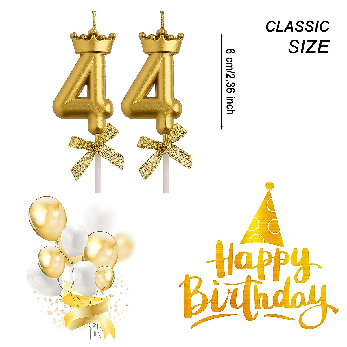 AOOLADA 44th Birthday Candles, Gold 44 Year Old Number Birthday Candles, Happy Birthday Cake Topper Gifts Party Decorations for Men Women