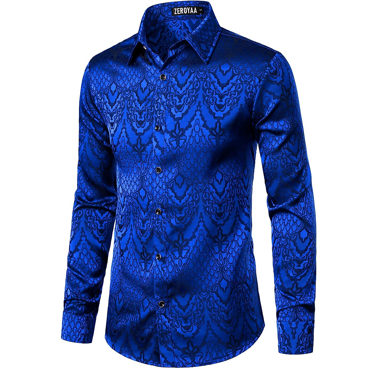 ZEROYAA Men's Hipster Slim Fit Long Sleeve Gothic Jacquard Button Up Dress Shirts for Party Prom ZLCL32-Royal Blue Large