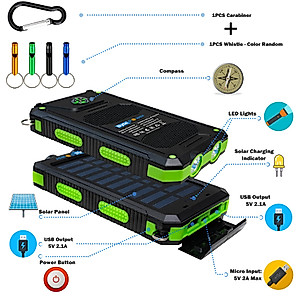 Solar Charger Power Bank 20000mAh, Portable Solar Pone Charger with Compass,Carabiner, Whistle,Flashlights,Solar Panel Charger,Camping Gear Accessory (Green)
