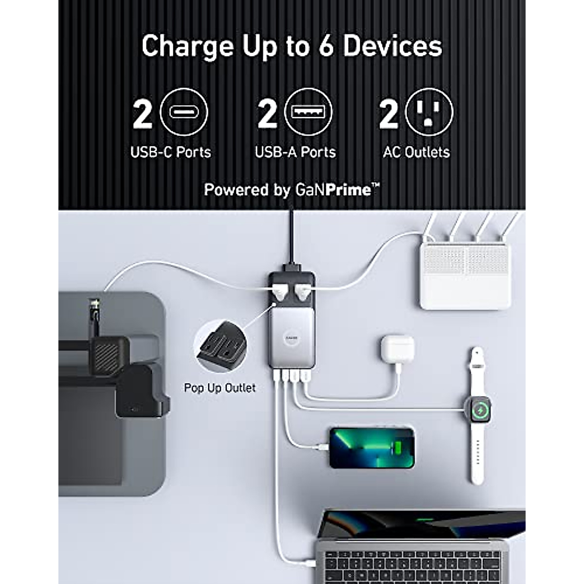 Anker 727 Charging Station (GaNPrime 100W), Compact Power Strip for Travel,Work, 5ft Detachable Extension Cord with 2 Outlets & 4 USB Ports, for iPhone14, Samsung, iPad, MacBook, More(not a Battery)