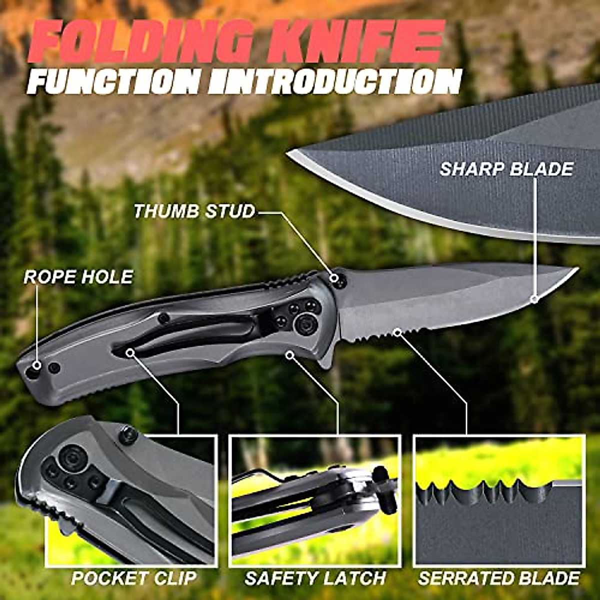 Pocket Knife,Gifts for Men Dad Boyfriend Husband,Christmas Stocking Stuffers,Anniversary Valentines Day Gifts for Him,Fathers Day Birthday Gifts for Dad.Hunting Fishing Survival Camping Hiking Knife.