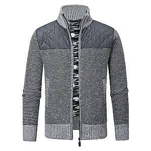 Men Full Zip Casual Knitted Cardigan Slim Color Block Fleece Lined Sweaters Stand Collar Winter Warm Thick Sweater (Grey,3X-Large)