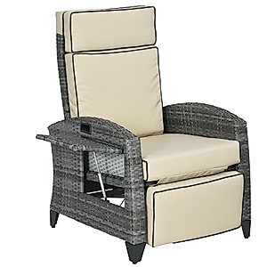 Outsunny Outdoor Recliner Chair with Cushions, PE Wicker Reclining Patio Lounge Chair with Adjustable Footrest, Armrests, Side Tray Table for Balcony, Porch, Khaki