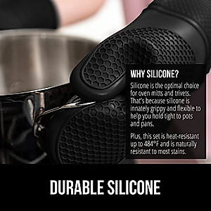 Gorilla Grip Heat and Slip Resistant Silicone Oven Mitt and Trivets Set, Waterproof, Cotton Lined Gloves, BPA-Free, Long Cooking Mitts and Trivet Mats, Kitchen Potholder Sets for Pans, 4 Pieces, Black