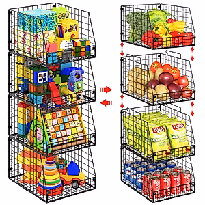 Jakyitvi 4 Pack XXL Stackable Wire Storage Basket, Extra Large Capacity Pantry Organizer and Storage, Muti-Purpose for Fruit Vegetable Basket & Toy Storage Organizer & Snack Organizer