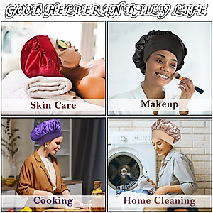 4Pcs Satin Bonnet Silk Bonnet, Hair Bonnet for Sleeping, Elastic Wide Band Silk Sleep Cap, Soft and Breathable (Black Red Purple Gold)