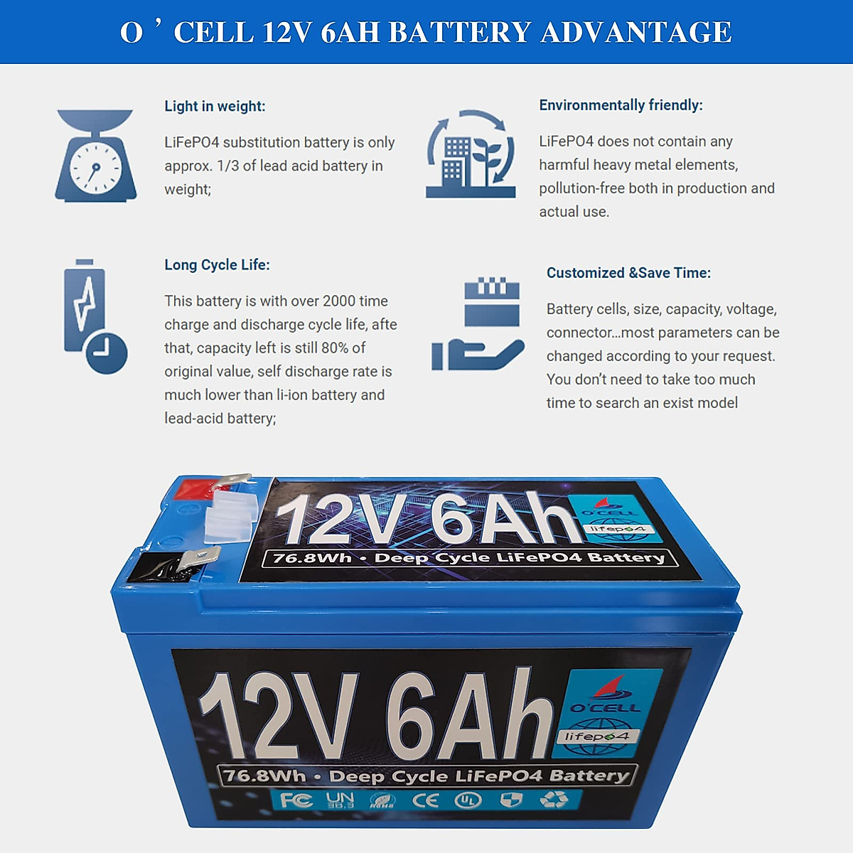 OCELL 12V 6Ah Lithium Iron Phosphate Battery, Rechargeable LiFePo4 Battery with 10 Years Lifetime, Low Self-Discharge for Kid Scooters, Security Alarm, Power Wheel, Fish Finder, Emergency Lighting