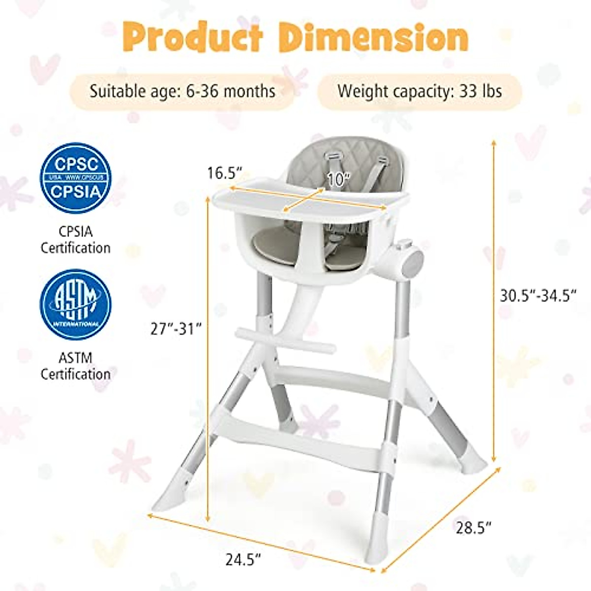 BABY JOY High Chair for Babies & Toddlers, Adjustable Convertible Baby Highchair w/ 5 Heights, Removable Dishwasher Safe Tray, Footrest, 5-Point Safety Harness & Waterproof Seat Cushion, 6-36 Months
