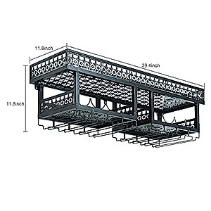 Industrial Wine Rack Cabinet Upside Down Wine Glass Bar Glass Rack Hanging Wall Wine Rack Include Wall-Mounted Wine Rack Wall Shelf 16-24 Wine Glasses Cases (39.4" x 11.8" x 11.8" Double Layer)