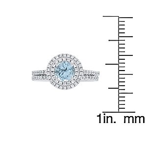 Gin & Grace 14K White Gold Blue Natural Diamond & Genuine Aquamarine Halo Style Engagement Propose Promise Ring for Women