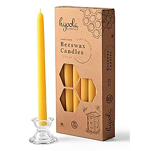 Hyoola 10 Inch Beeswax Taper Candles - 12 Pack - Handmade, All Natural, 100% Pure Unscented Bee Wax Candle - Tall, Decorative, Golden Yellow - 10 Hour Burn Time