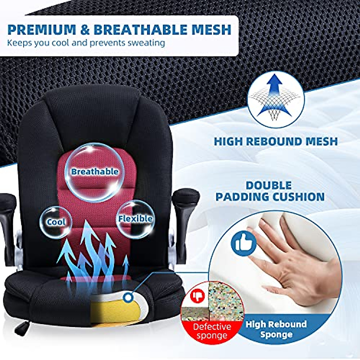 SEATZONE Soft Padded Mid-Back Office Computer Desk Chair, Upholstery Mesh Chair with Flip-up Arms and Wheels, Red and Black