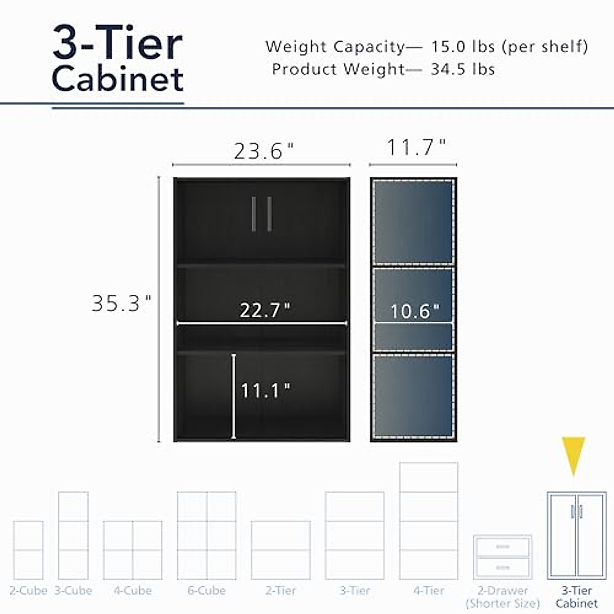 HOMES: Inside + Out Apexa Stackable Wood Bookcase with Doors, Cube Storage Organizer Shelves, Small Food Pantry, Dorm Teen Room Decor & Bedroom, Home Office, Kitchen, 3-Tier Cabinet, Black
