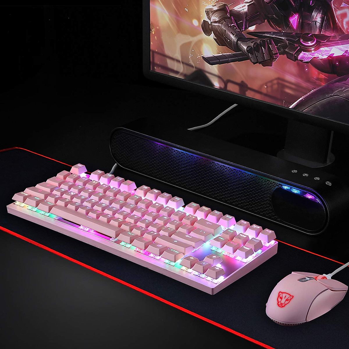 MOTOSPEED Professional Gaming Mechanical Keyboard RGB Led Backlit Wired with Anti-Dust Proof Switches for Gaming Keyboard for Mac & PC (Pink, 87 Key Blue Switches)