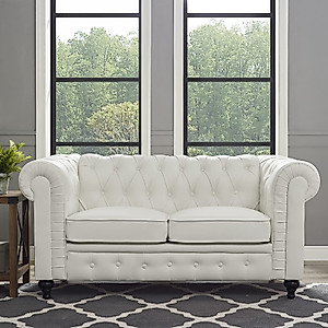 Naomi Home Emery Chesterfield Leather Loveseat, Mini Sofa Sleeper Loveseat, Small Sofa Bed with Rolled Arms, Tufted Cushions 2 Seater Sectional Small Loveseat for Small Spaces, Living Room White