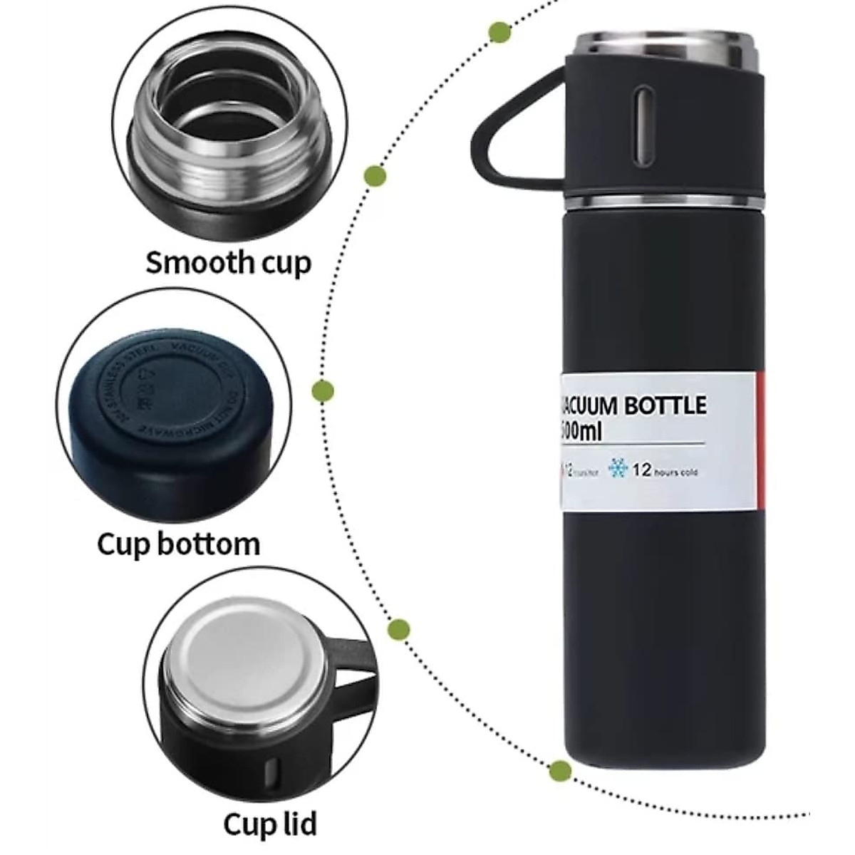 Stainless Steel Thermo + 3 cup, 500ml/16.9oz (Black, Grey and Blue Set)