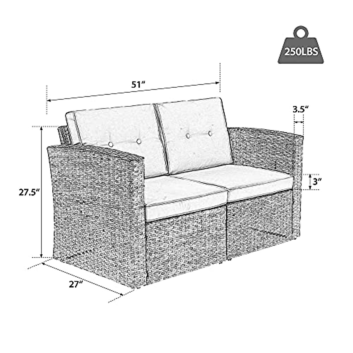 SUNVIVI OUTDOOR Outdoor Patio Loveseat, 2 Piece Brown Wicker Rattan Outdoor Furniture Couch Sofa with Non-Slip Grey Cushions,Outdoor Loveseat Sofa Chair Furniture