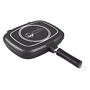Uniware® Super Quality Non-Stick Coating Double Grill Pan, Rectangular, Magnetic Bakelite Handle, 12.6 x 9.6 x 2.6 Inch