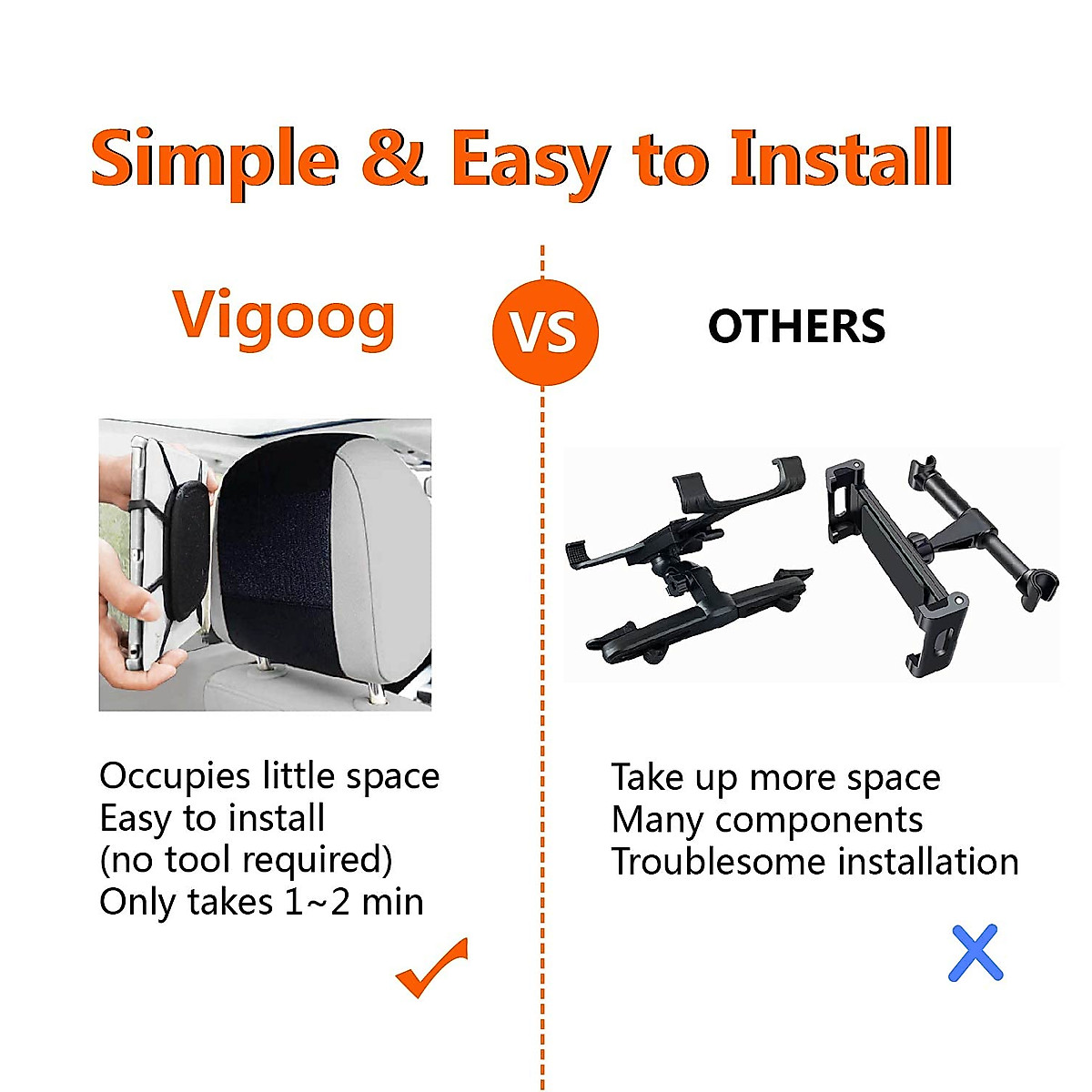 Car Headrest Tablet Mount Holder for Kids Back Seat, Fit for Ipad, Kindle, Fire HD 7,8,10,HDX, Nintendo Switch and Other 7 to 10.9 Inch Tablets, 360 Adjustable, Anti Vibration and Easy to Instal